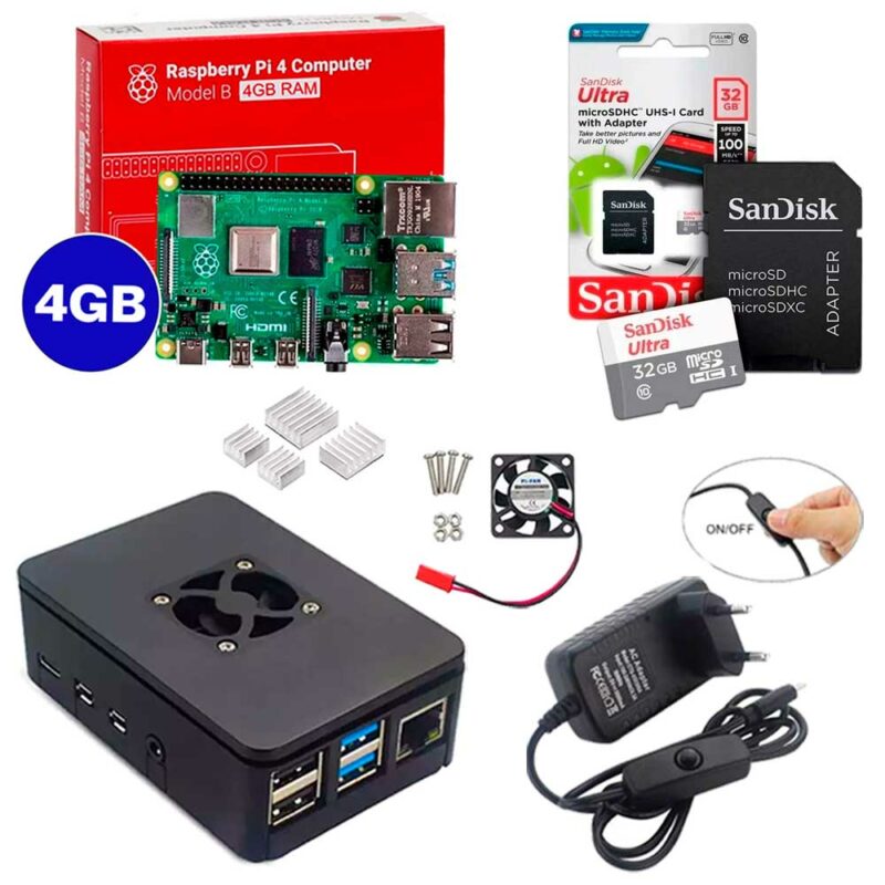 Kit Raspberry Pi 4 4GB c/ Case, Cooler, Fonte, Dissipadores + 32GB na NextPi Raspberry Porto Alegre