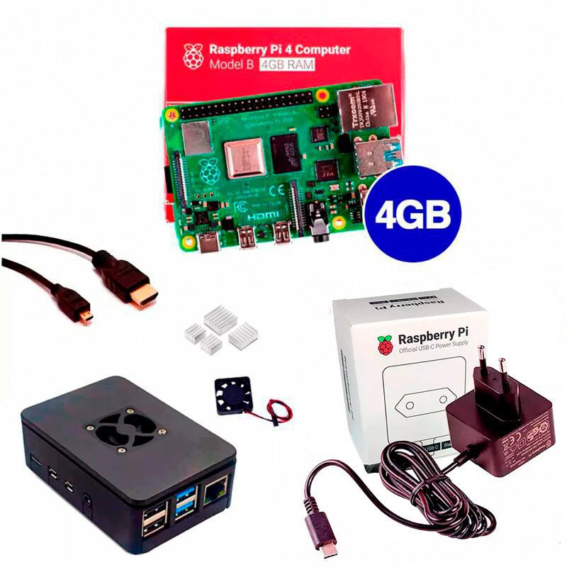 Kit Raspberry Pi 4 4GB c/ Case, Cooler, Fonte Oficial e Dissipadores